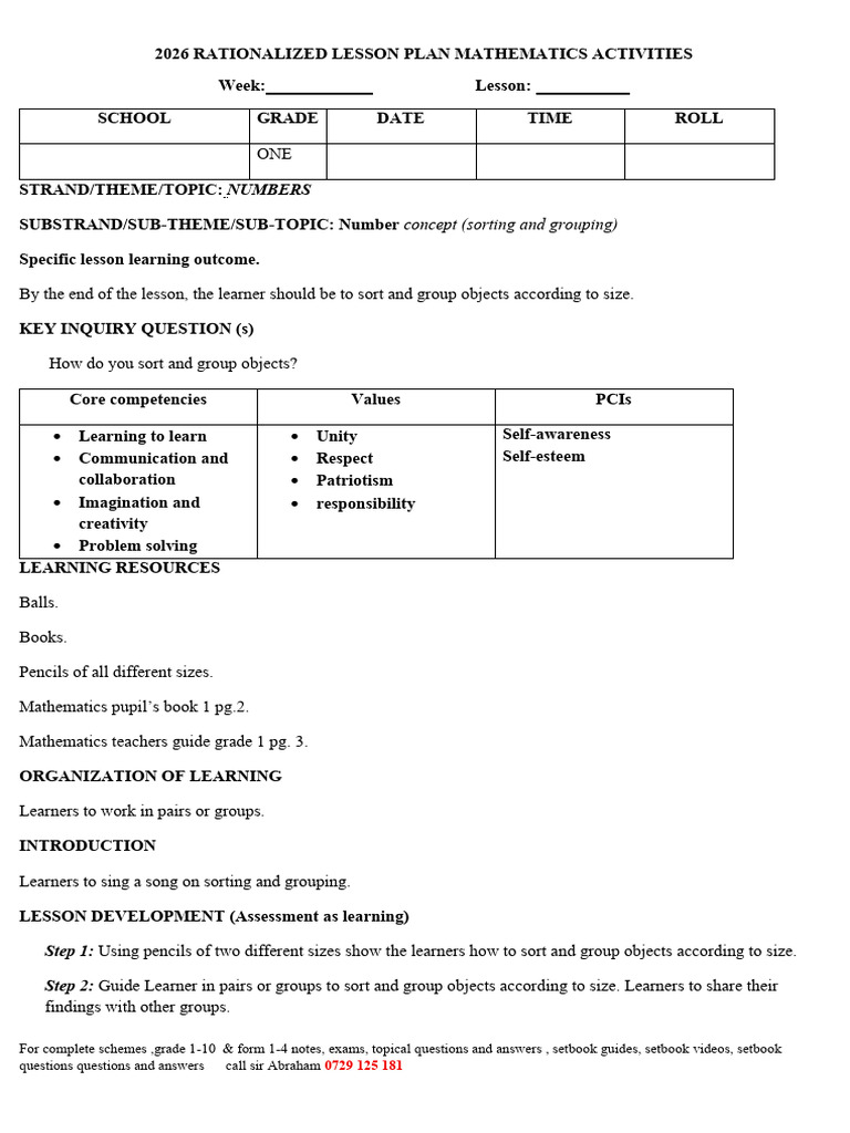 2026 LESSON PLANS GR 1 Mathematics Activities Term 1 Lesson Plans W ...
