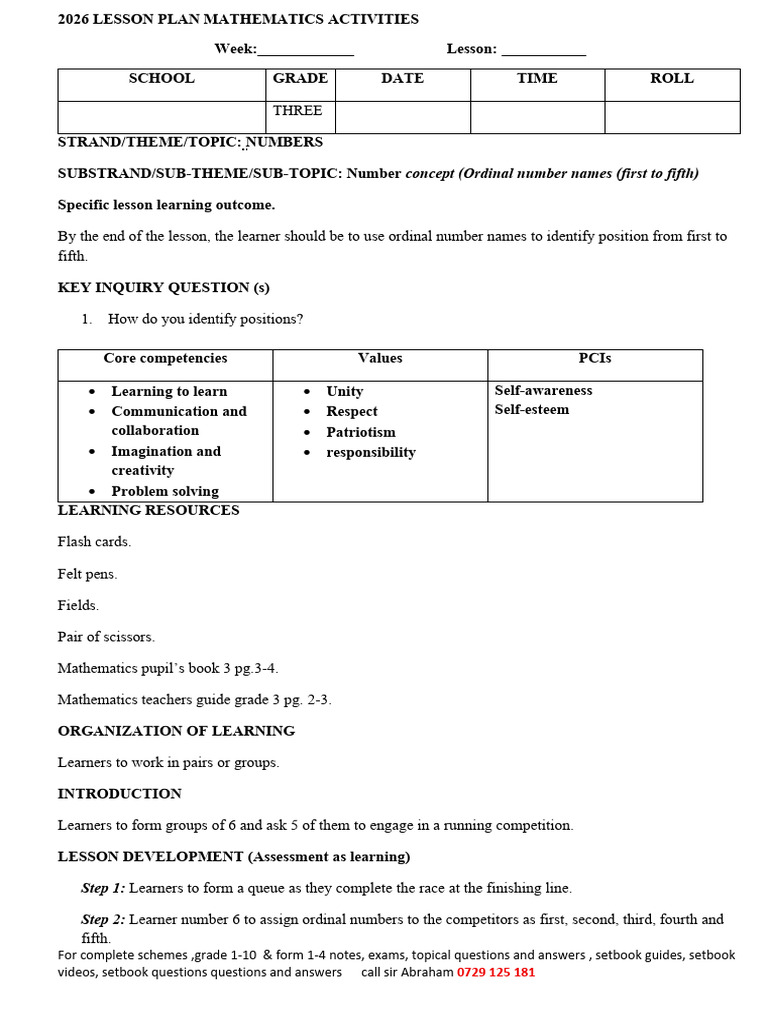 Grade 3 Ordinal Numbers Lesson Plan | PDF | Learning | Lesson Plan