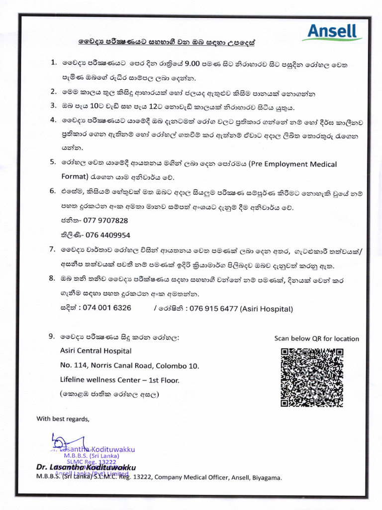 Asiri Central Hospital Contact Details | PDF