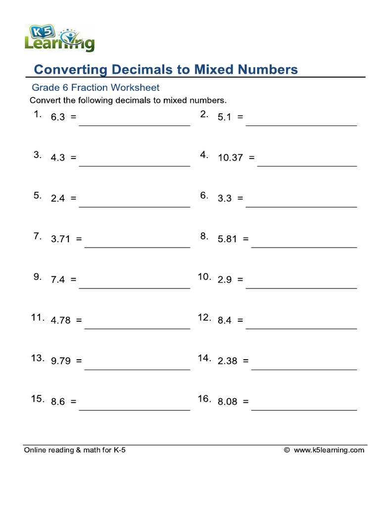 Grade 6 Fraction Worksheet - Converting Decimals to Mixed Numbers | PDF
