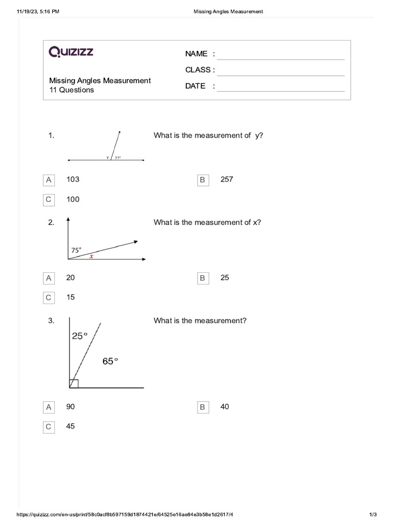 Quizizz - Missing Angles Measurement | PDF