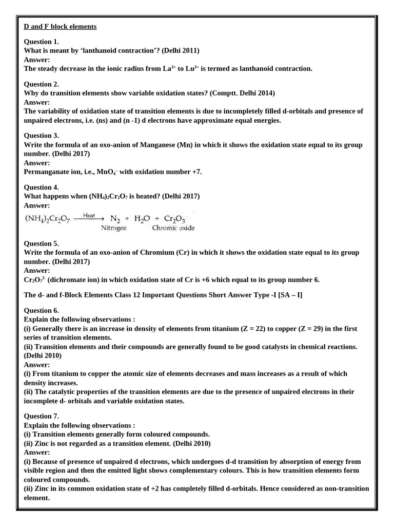Key Concepts of D and F Block Elements | PDF | Transition Metals ...