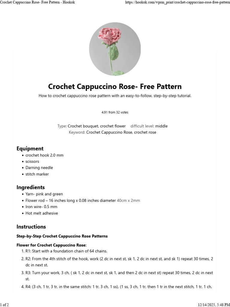 Crochet Cappuccino Rose- Free Pattern - Hookok | PDF | Crochet ...