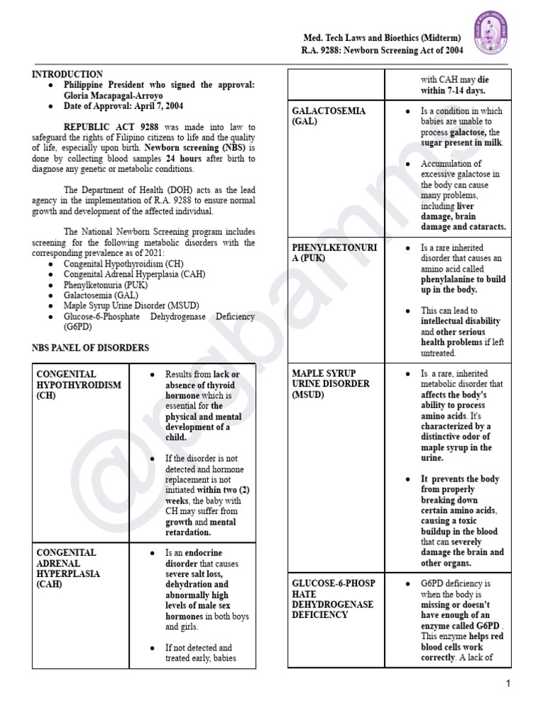 r. a. 9288_ Newborn Screening Act of 2004 | PDF | Human Diseases And ...