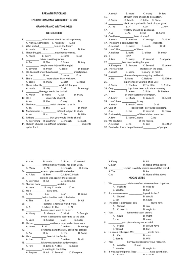 Worksheet Grammar- 10 Std | PDF