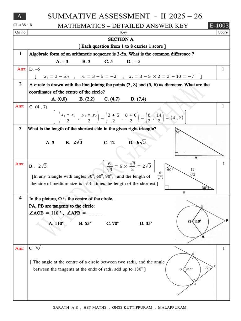 Mathematics Assessment Answer Key | PDF | Circle | Euclid