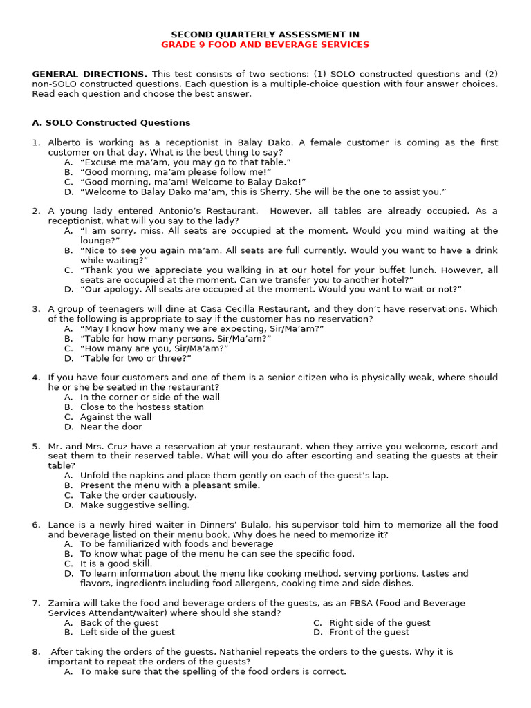 Grade 9 Food & Beverage Services Test | PDF | Menu | Restaurants