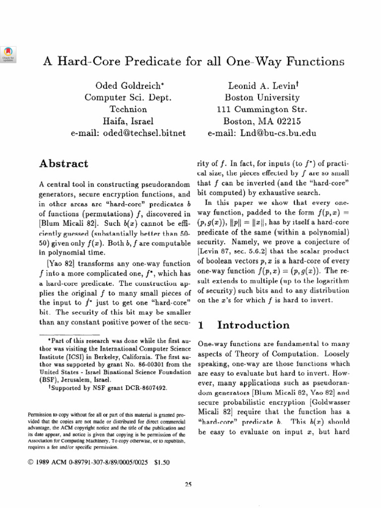 Goldreich and Levin - 1989 - A Hard-core Predicate for All One-way ...