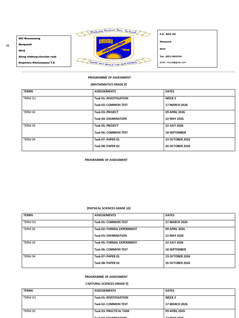 Grade 8-10 Assessment Schedule 2026 | PDF