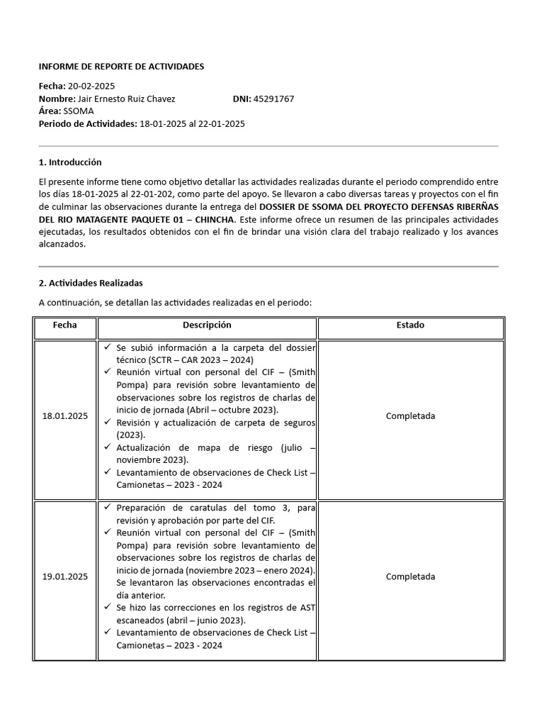 Informe de Reporte de Actividades - Jair Ruiz | PDF