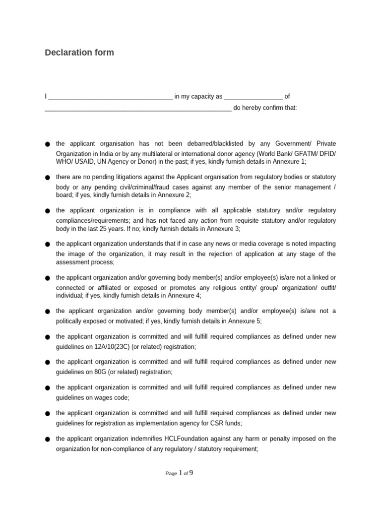 Declaration Form HCL Grant 2025 | PDF | Justice | Crime & Violence