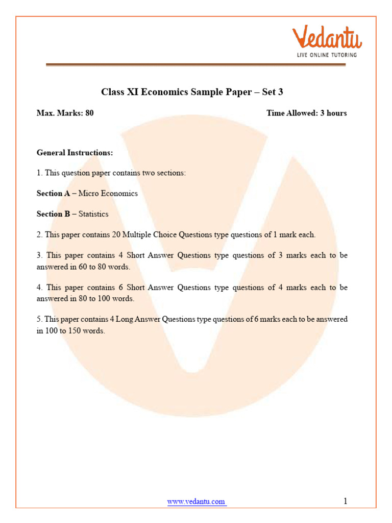CBSE Class 11 Economics Sample Paper Set 3 For 2024-25 - Download PDF ...