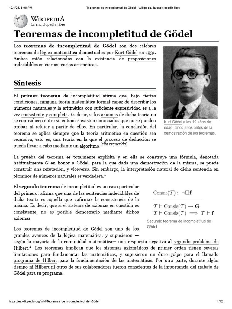 Teoremas de Incompletitud de Gödel - Wikipedia, La Enciclopedia Libre ...