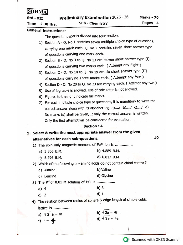 Preliminary Exam Chemistry | PDF