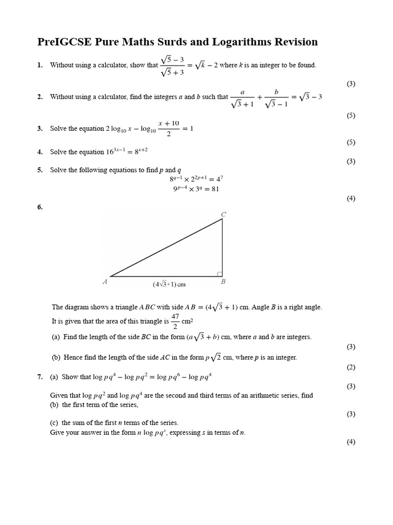 PreIGCSE Pure Maths Surds and Logarithms Revision | PDF | Logarithm ...