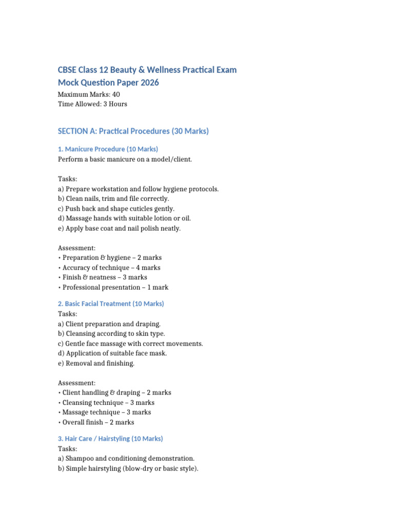 Class 12 Beauty Wellness Practical Mock Paper 2026-1 | PDF