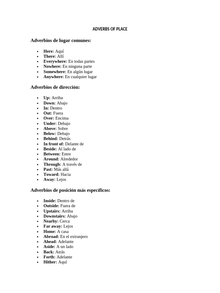 Adverbios de Lugar: Guía Completa | PDF