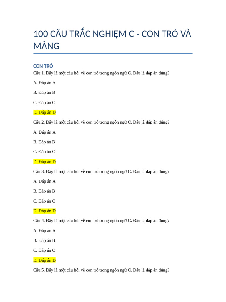 100 Cau Trac Nghiem C Pointer Mang | PDF