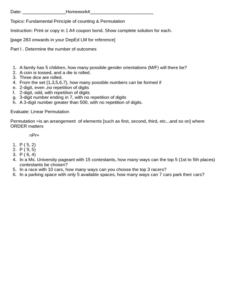 Counting Outcomes and Permutations Guide | PDF