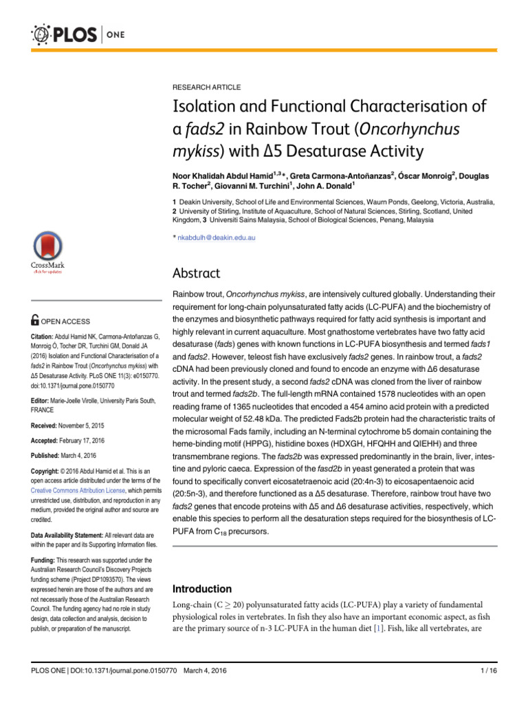 Isolation and Functional Characterisation of a fads2 in Rainbow Trout ...