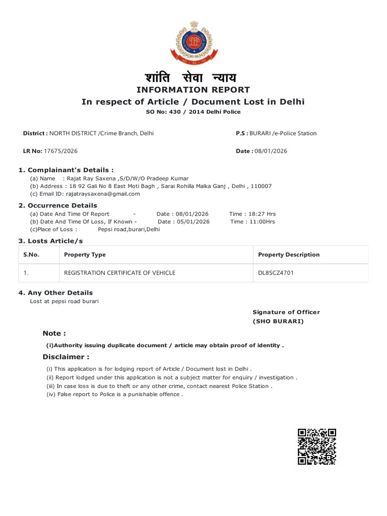 Lost Vehicle Registration Report Delhi | PDF