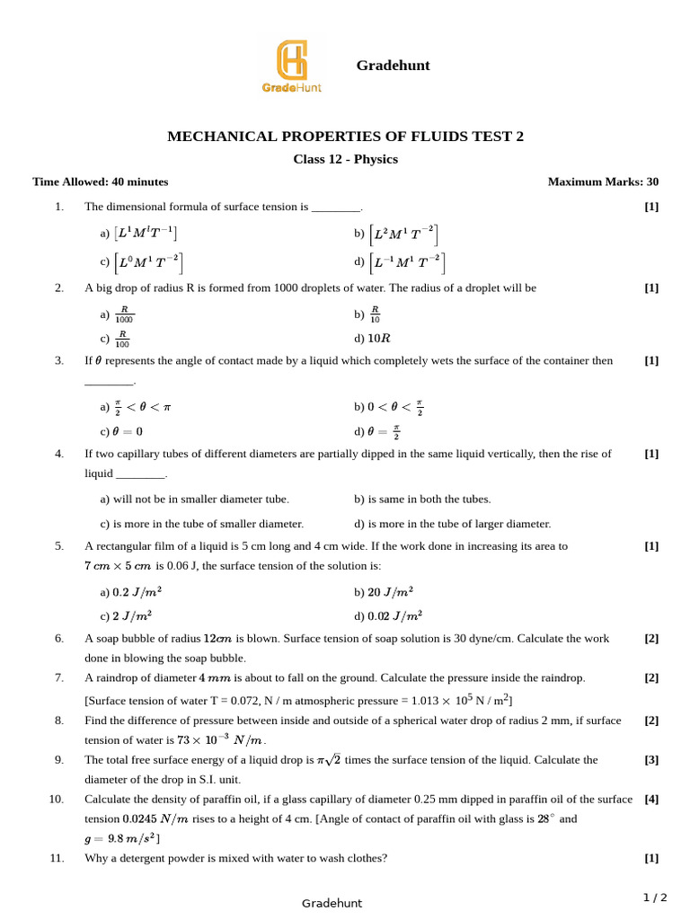 Mechanical Properties of Fluids Test 2 | PDF | Drop (Liquid ...