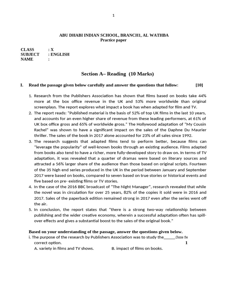 891904146 Grade 10 ENGLISH Sample Paper (1) | PDF | Box Office