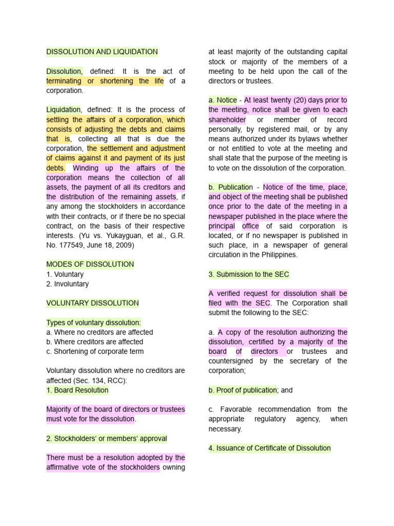 NOTES Business Law and Regulations | PDF | Liquidation | Corporations