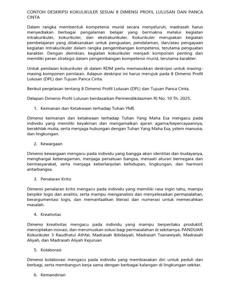 Deskripsi Kokurikuler 8 Dimensi DPL | PDF