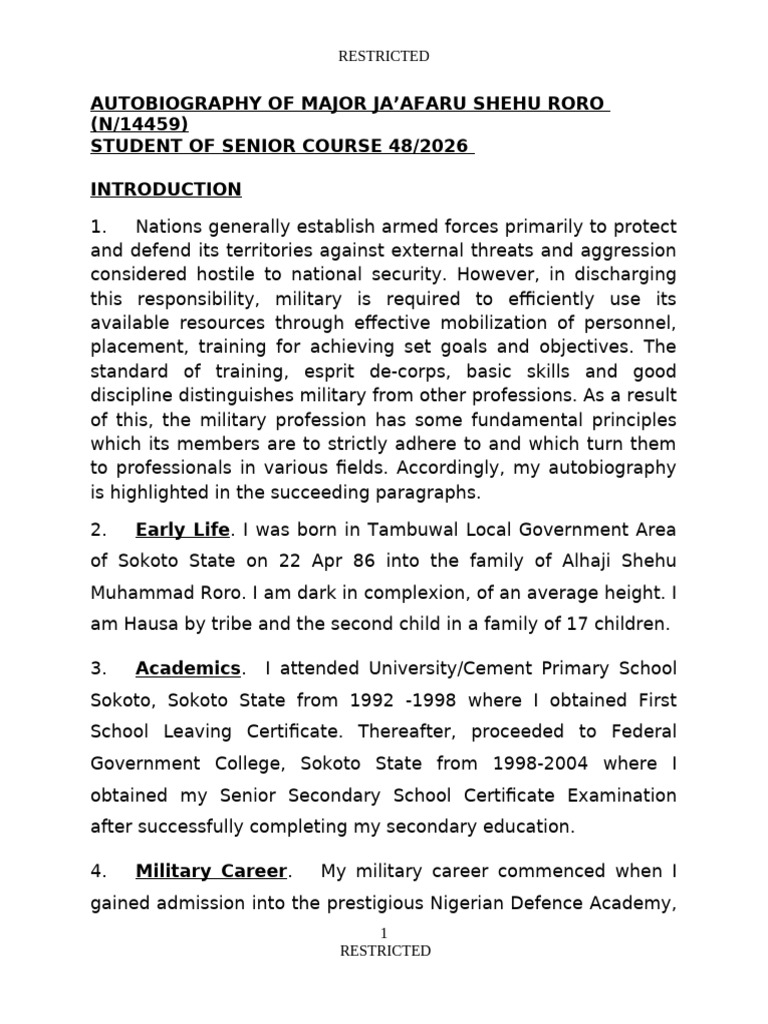 Auto Biography of Maj Ja'Afaru Shehu Roro | PDF
