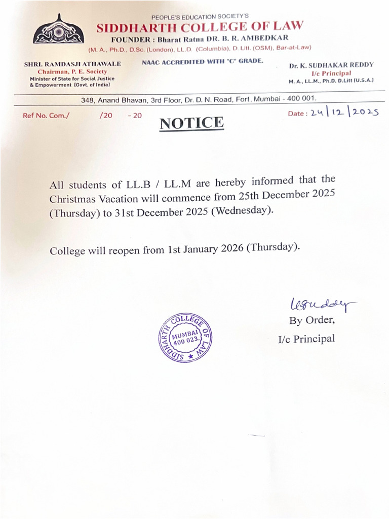 Notice for Christmas Vacation | PDF