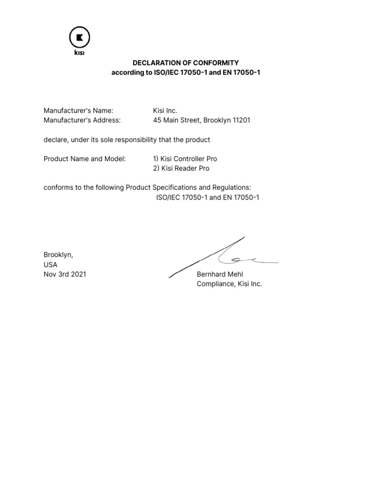 Kisi Controller Pro Compliance Declaration | PDF