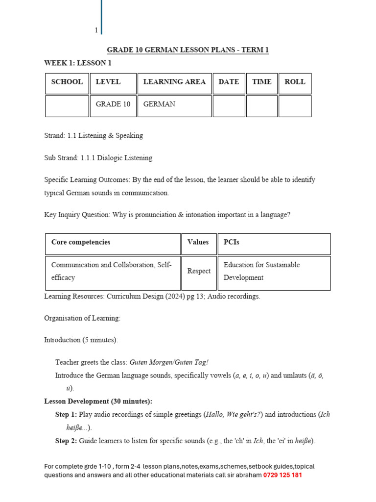 Grade 10 Term 1 German Lesson Plans | PDF | Lesson Plan | Learning