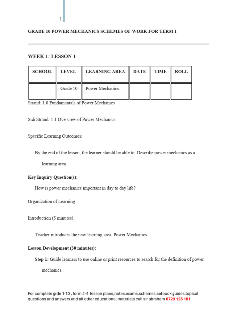 Grade 10 Term 1 Power Mech Lesson Plans | PDF | Lesson Plan | Learning