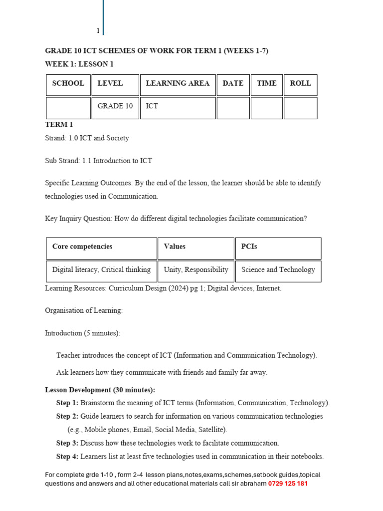 Grade 10 ICT Lesson Plans Overview | PDF | Educational Technology ...