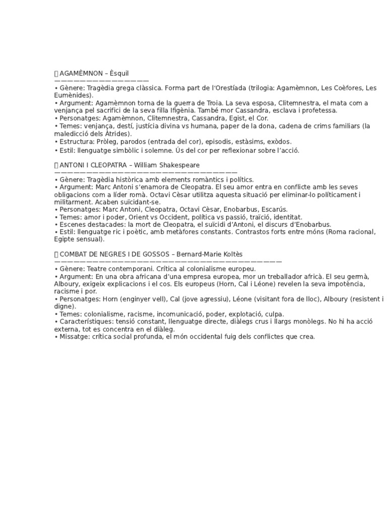 Resum Obres Agamemnon Antoni Cleopatra Koltes | PDF