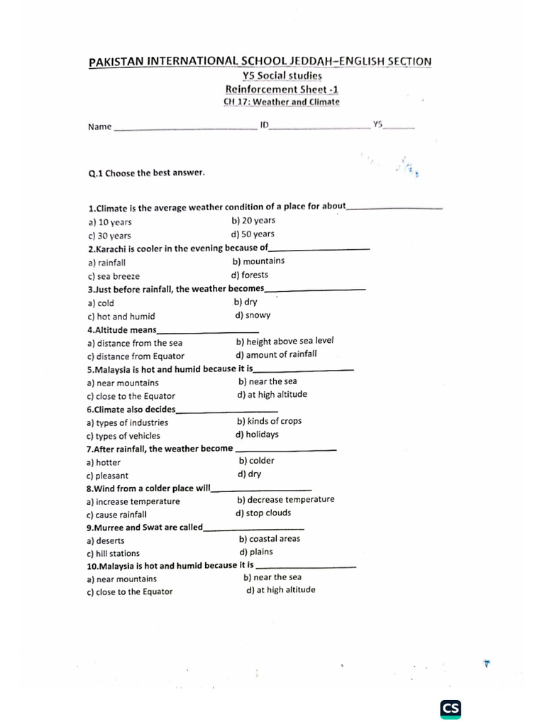 y5 Sst Ch 5 Weather and Climate Reinforcement Sheet 1 Unsolved Final ...