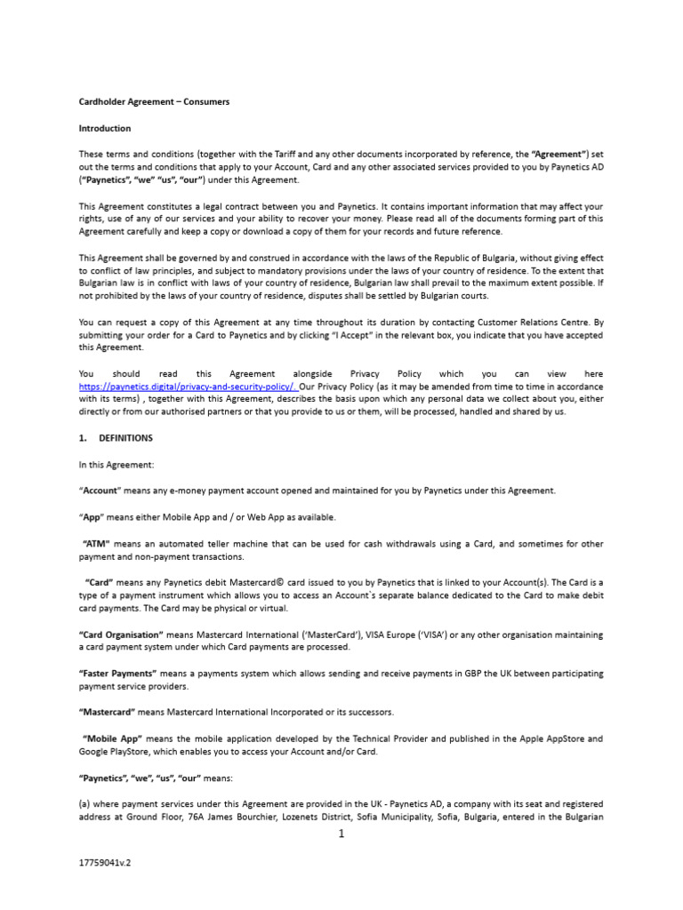 Paynetics Consumer Cardholder Agreement | PDF | Payments | Master Card