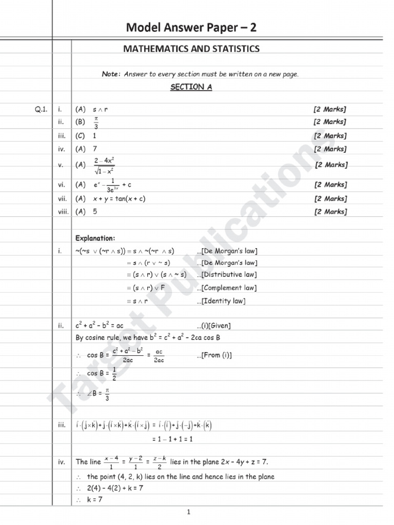 Std. 12th Science - Mathematics and Statistics - Solutions for the Model Activity Sheet Papers ...