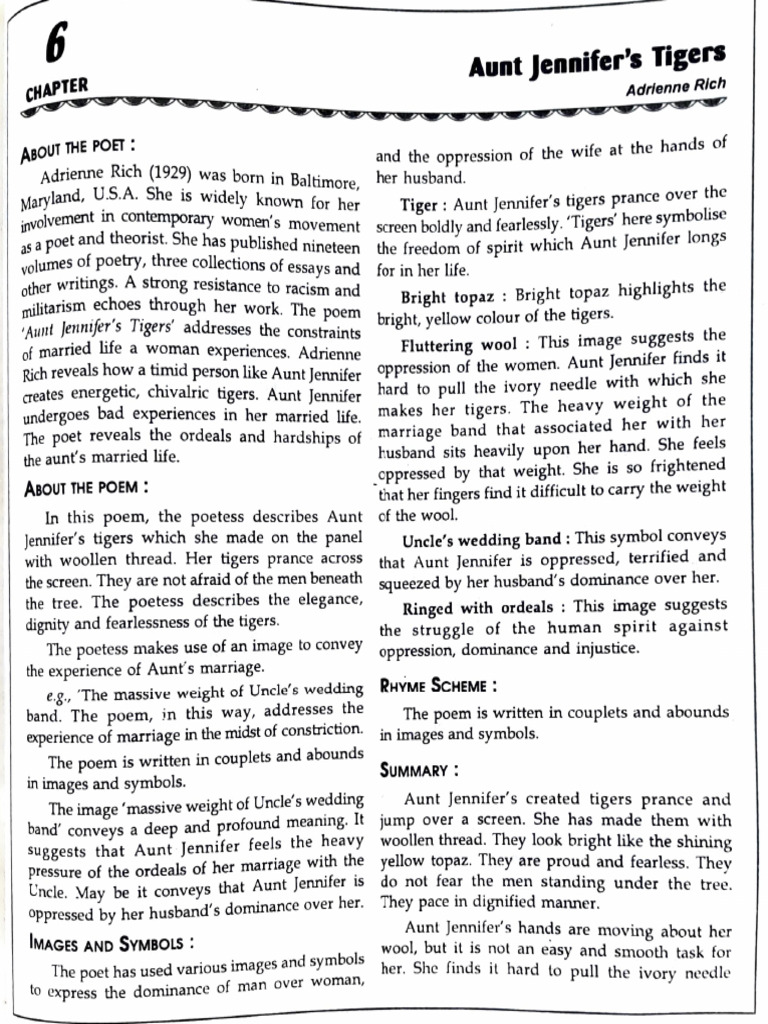 12 P-6 Aunt Jennifer's Tigers Notes | PDF | Poetry