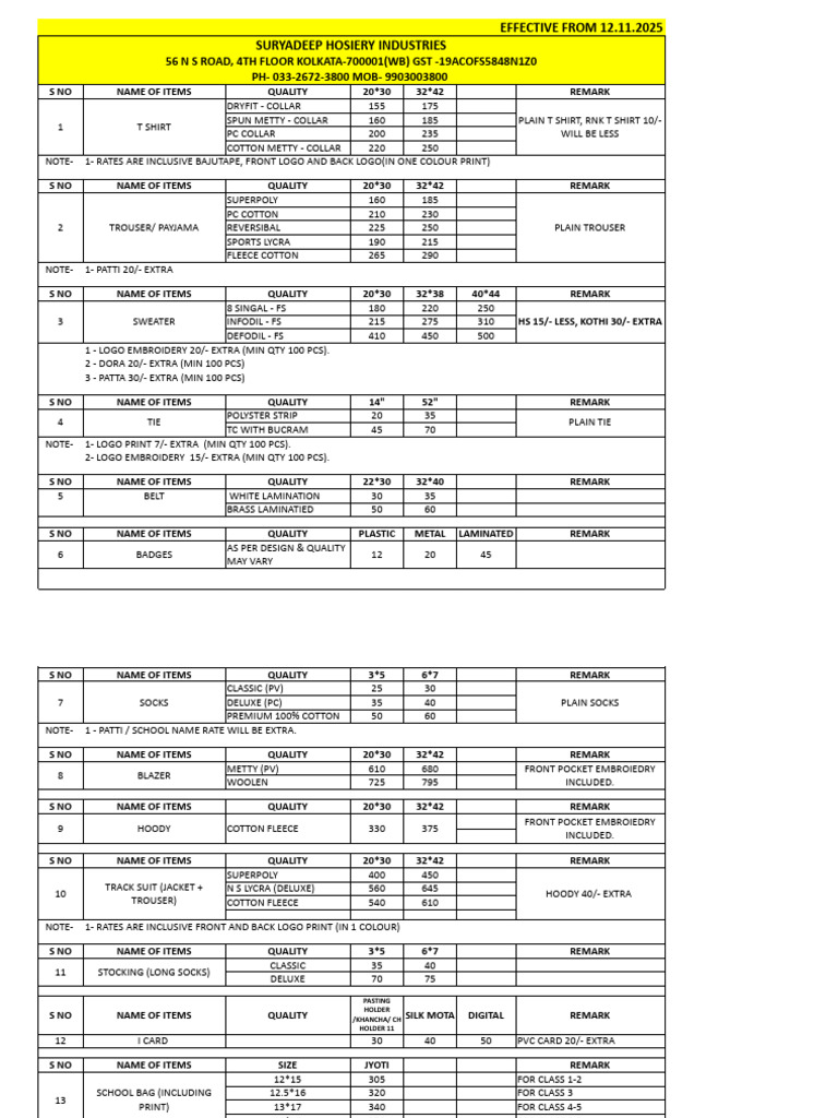 SuryaDeep Hosiery Industries Price List | PDF | Uniforms | Dress Codes