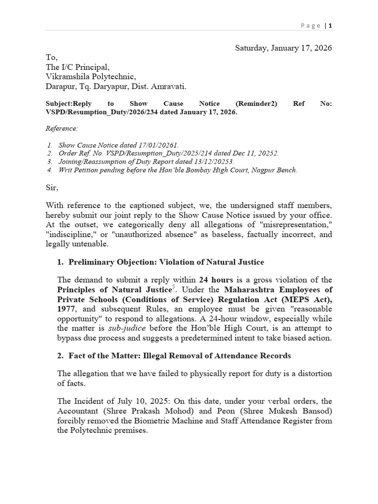 Staff Response to Show Cause Notice | PDF | Justice | Crime & Violence