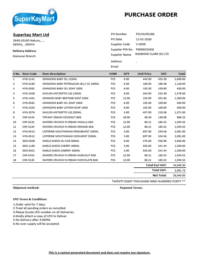 Purchase Order - PO_24_05186 ∙ RADBONE CLARK (K) LTD (P) | PDF