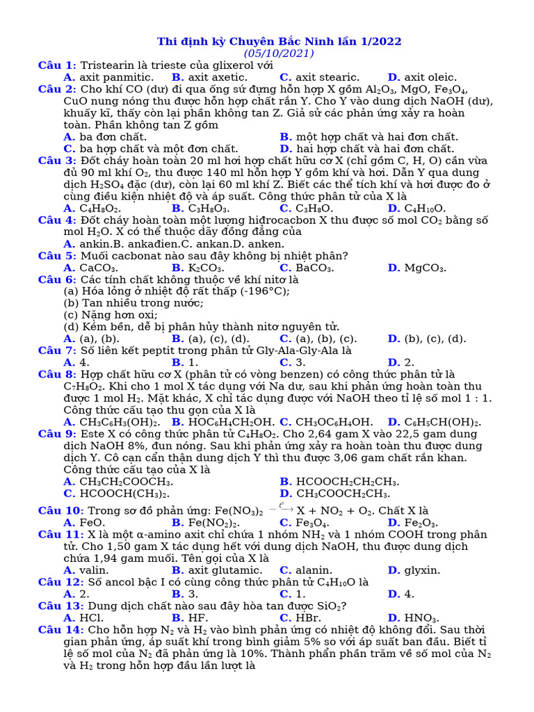 Thi định kỳ Chuyên Bắc Ninh - lần 1.2022 | PDF