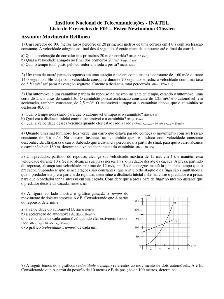 Lista de Exercícios Cap.1 | PDF | Velocidade | Cinemática
