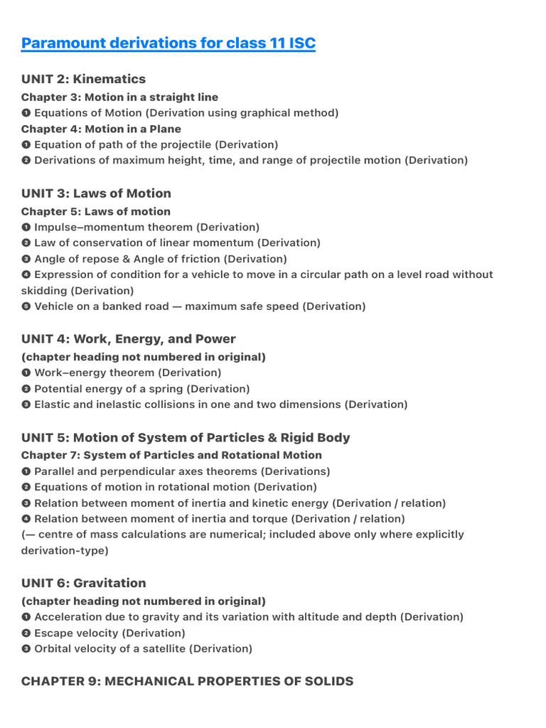 ISC Class 11 Physics Derivations Guide | PDF