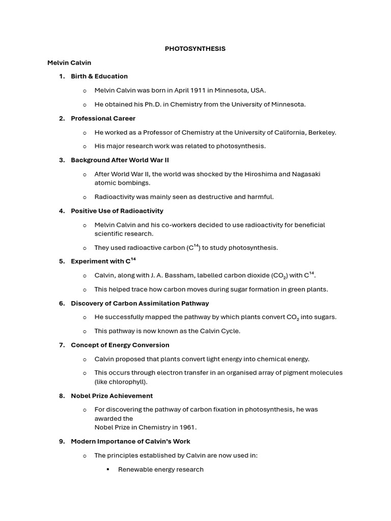 Melvin Calvin's Photosynthesis Discoveries | PDF | Photosynthesis ...