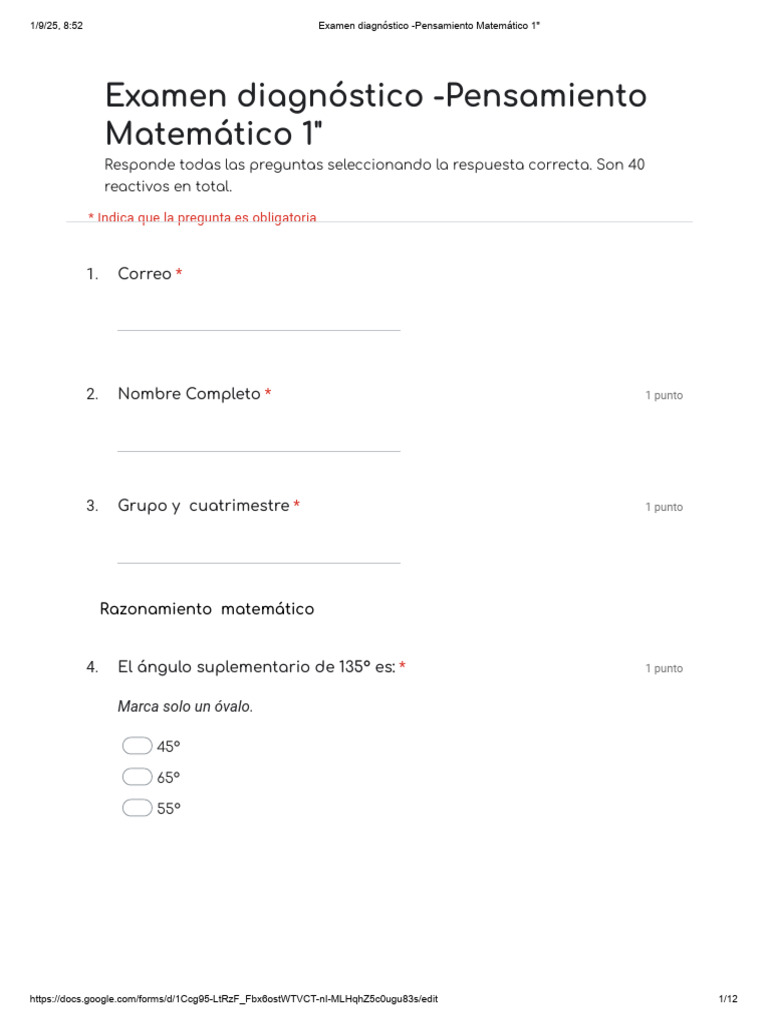 Examen Diagnóstico de Matemáticas 1 | PDF | Probabilidad | Matemáticas