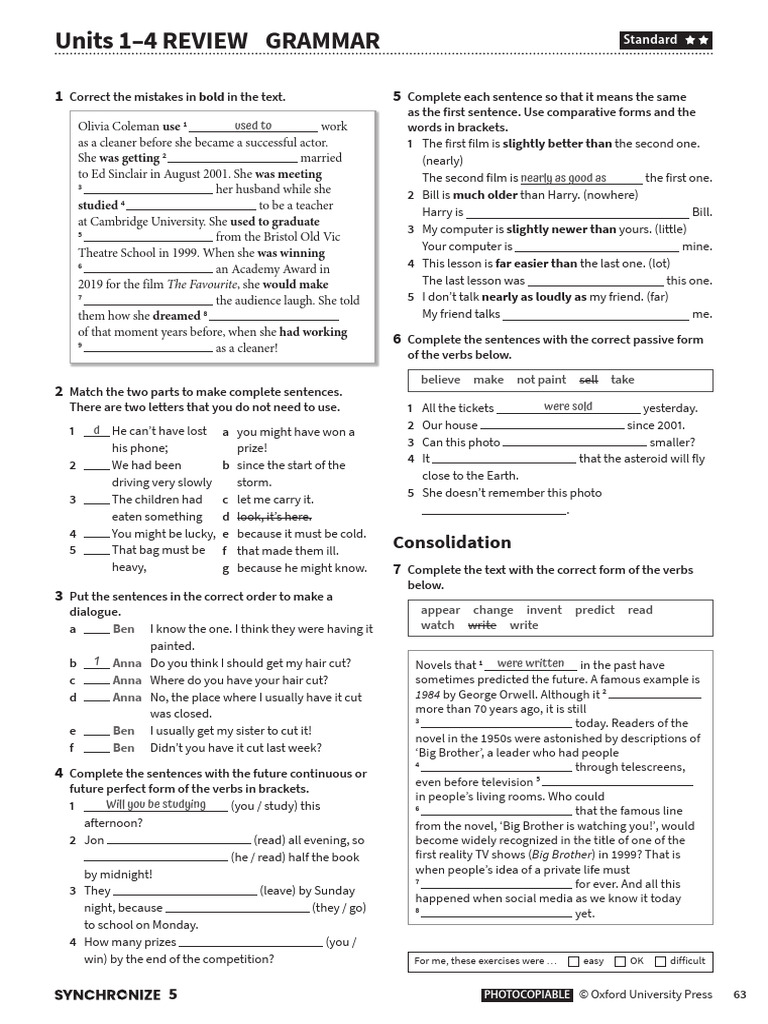 Synchronize5_TRB_worksheets_Review_1-4_standard_grammar | PDF | Linguistics | Grammar