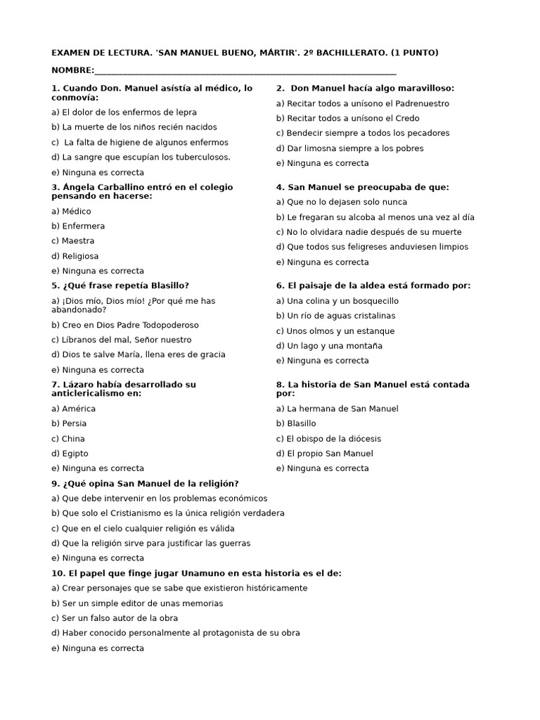 Examen de lectura: San Manuel Bueno, Mártir | PDF